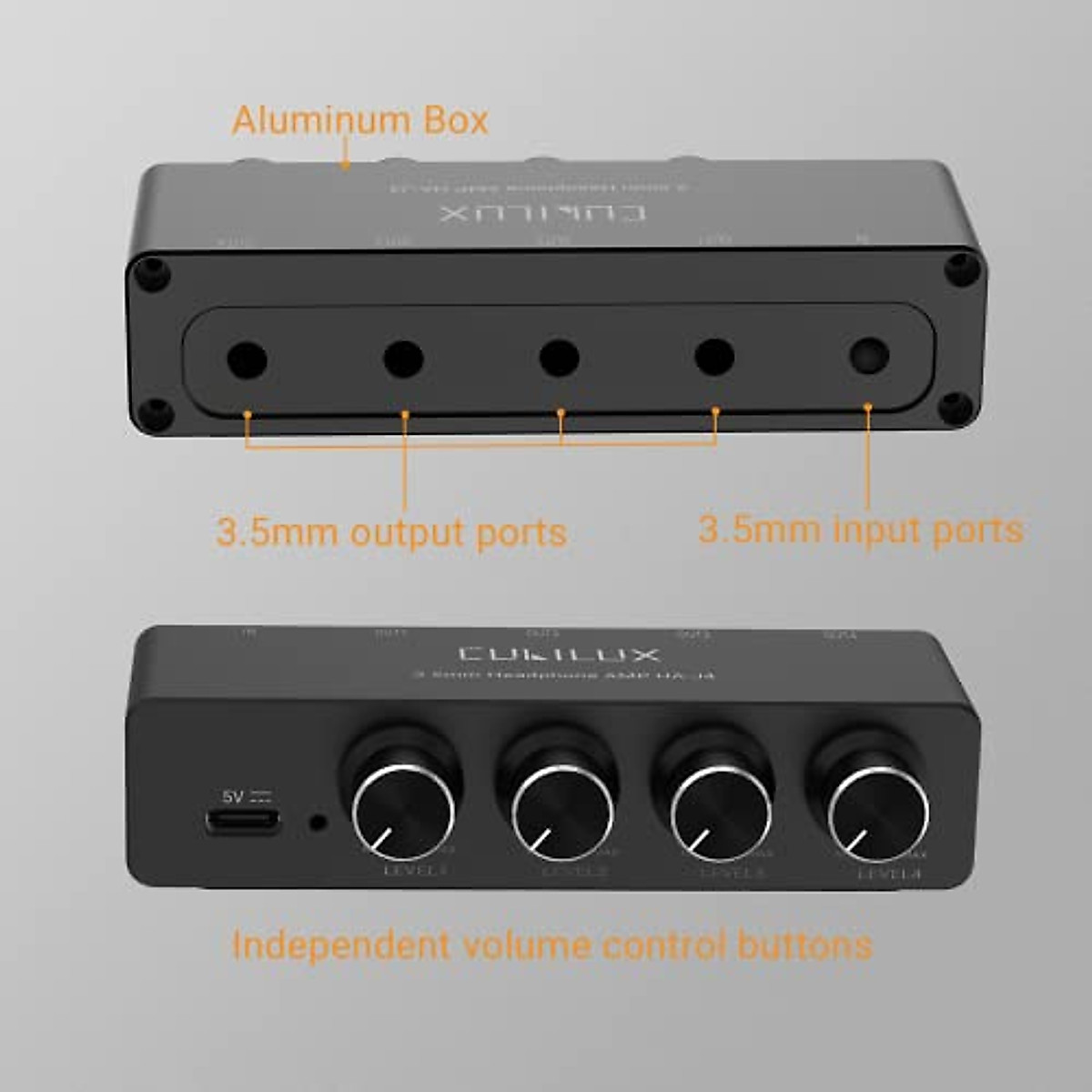 Cubilux 4-Way Headphone Amplifier 3.5mm with Volume Adjustment,Multiple Headphone Jack Splitter for Share Music,Headphone Amplifier for Speaker Earphones Laptop MP3 Player-5V DC Power Supply