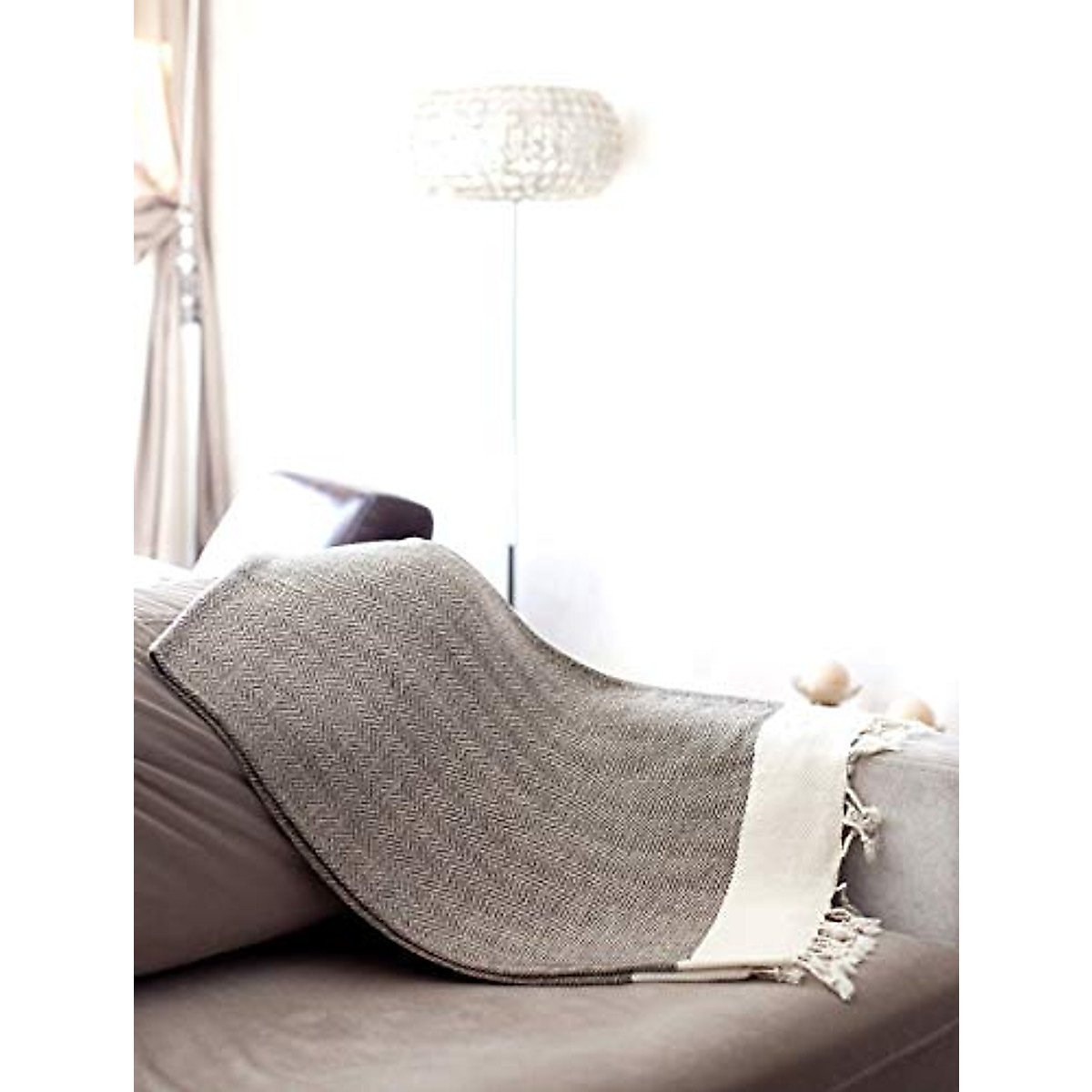 Smyrna Original Turkish Throw Blanket Herringbone Series | 100% Cotton, 50 x 60 Inches | Vintage Boho Throw Blankets for Couch, Sofa, Farmhouse and Home Decor | Lightweight and Super Soft (Latte)