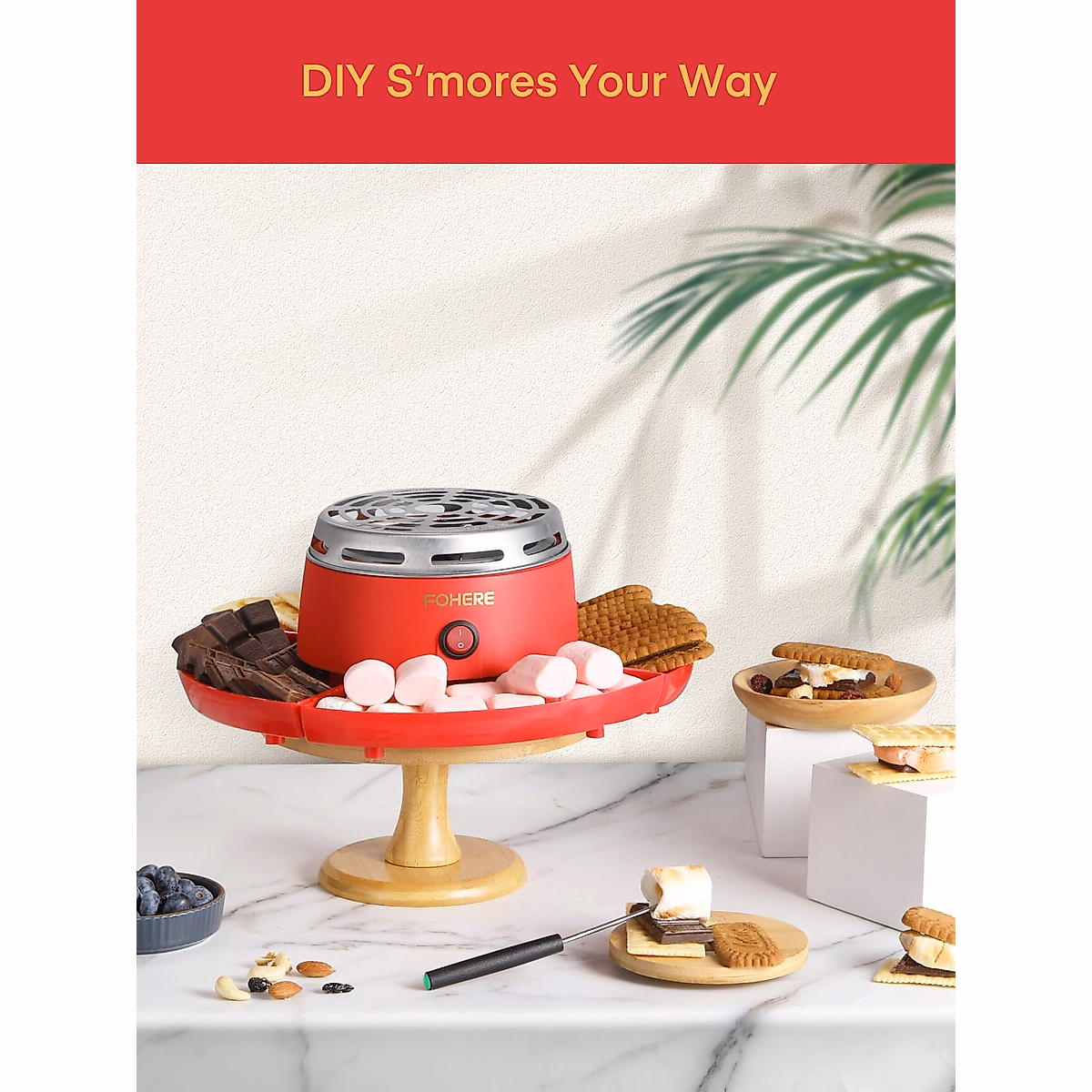 FOHERE Smores Maker Tabletop Indoor, Flameless Electric Marshmallow Roaster with 4 Detachable Trays & 4 Roasting Forks, Movie Night Supplies & Housewarming Gift, Red