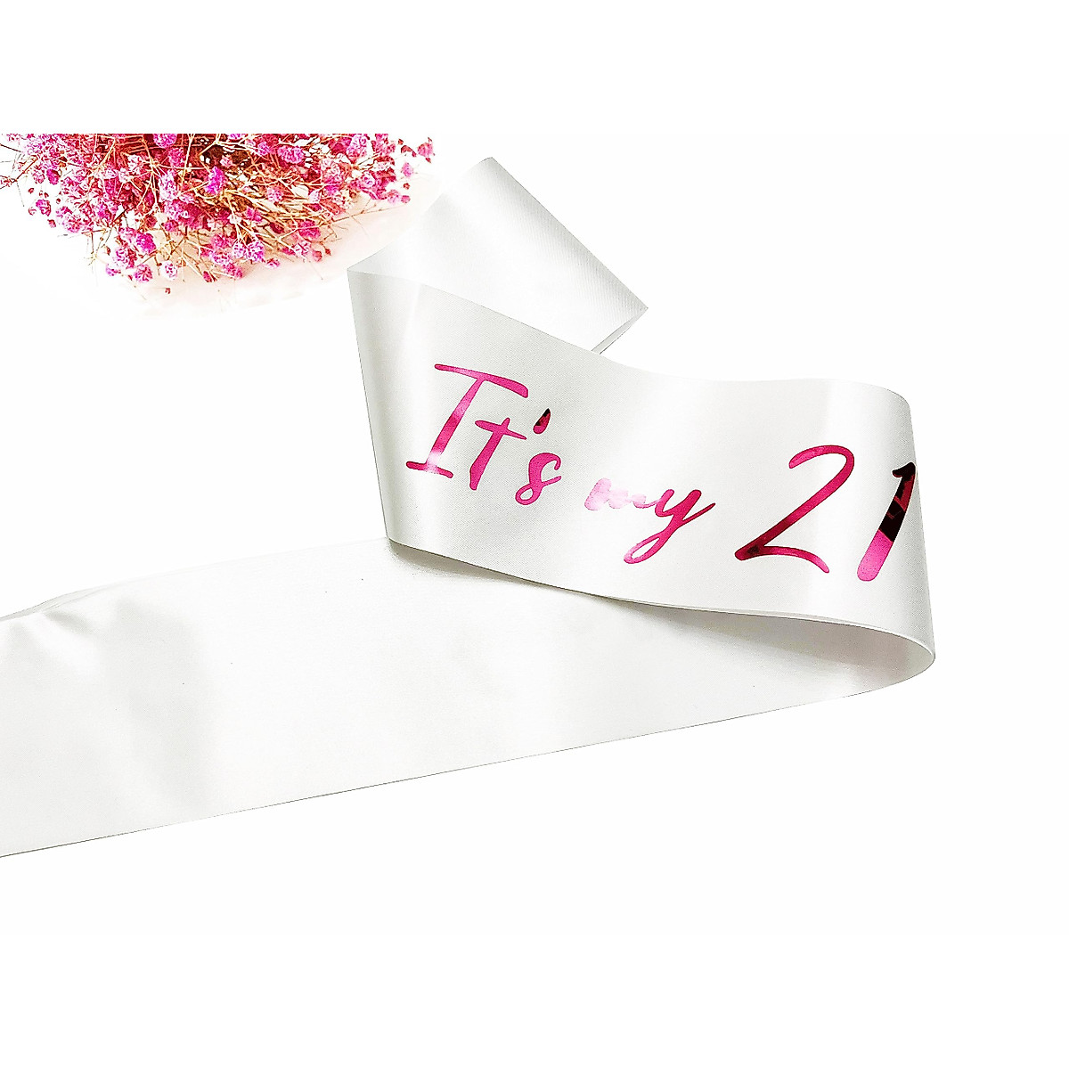 21st Birthday Sash, White Satin Soft Sashes with Pink Foil Letter, Birthday Decorations for Girls Happy 21st Birthday Party Favor Supplies, White Pink