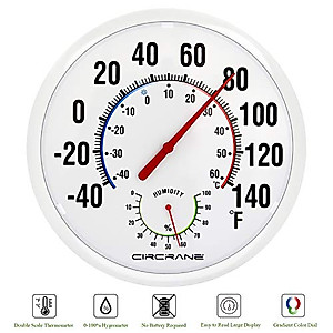 Circrane 13.25 Inch Round Thermometer with Hygrometer, Large Indoor Wall Thermometer Patio Bimetal Weather Thermometer, No Battery Required, White