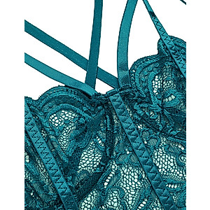 klier Lingerie for Women One Piece Teddy Floral Lace Bodysuit Babydoll Chemise Sleepwear Dark Green