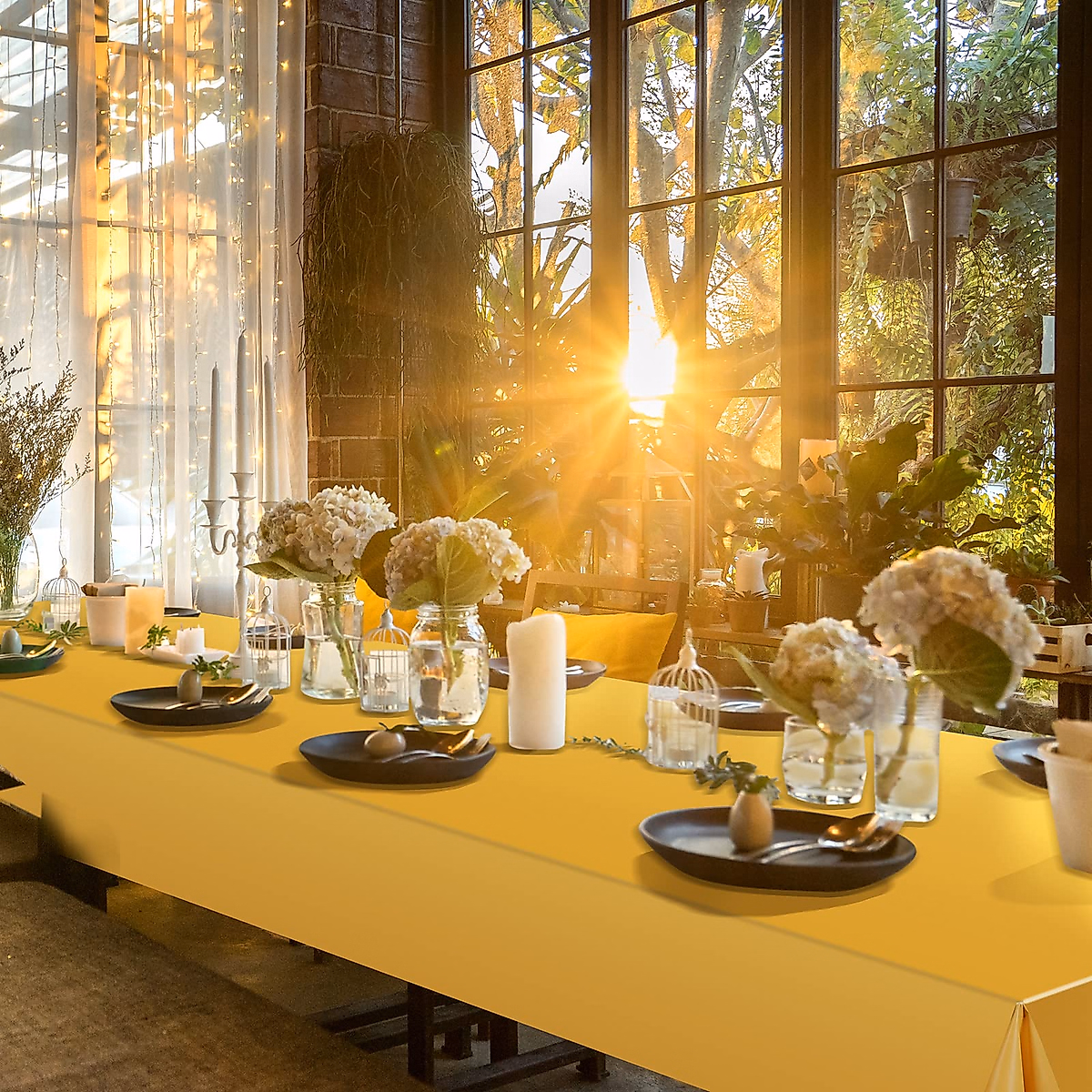 Moukeren 16 Pack Plastic Tablecloths Bulk 54 x 108 Inch Disposable Rectangle Table Covers Waterproof Party Table Cloths for Indoor or Outdoor Events Birthday Party Decor Supplies (Gold)