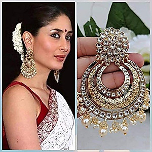 I Jewels 18k High Gold Indian Wedding Bollywood Matt Finish Plated Big Chandbali Handmade Royal Blue Enamel/Meenakari Kundan & Pearl Earrings for Women (E2860FL)