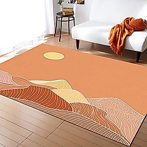Large Area Rug 2' x 3' Throw Carpet Floor Cover Nursery Rugs for Children, Abstract Mountains Sunset Modern Kitchen Mat Runner Rugs for Living Room/Bedroom Simple Art Lines Ombre Orange