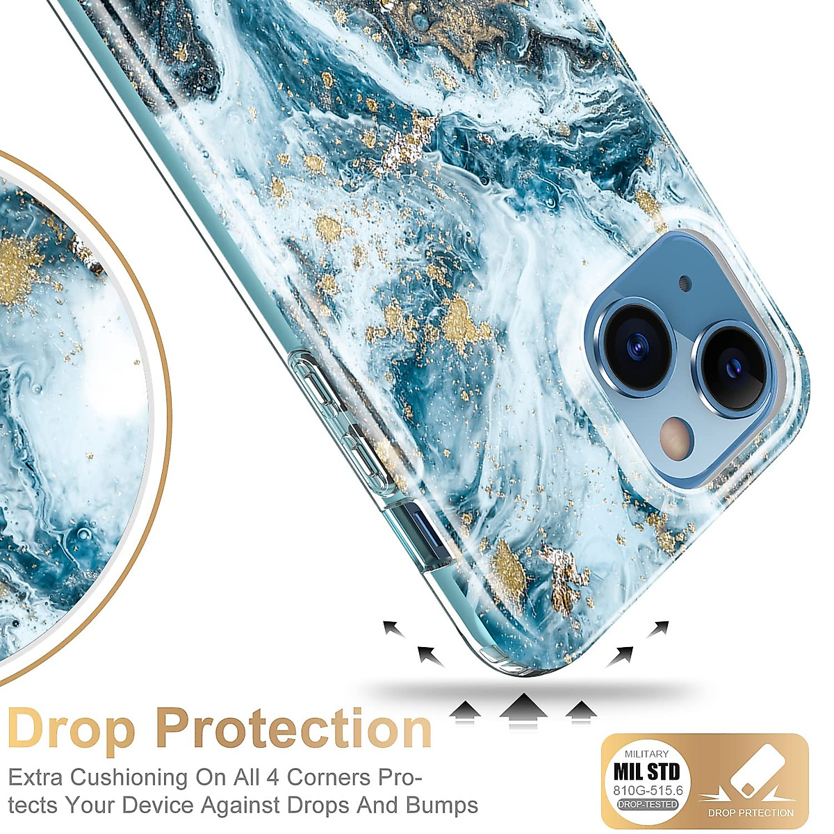 Esdot for iPhone 13 Mini Case with Built-in Screen Protector,Military Grade Rugged Cover with Fashionable Designs for Women Girls,Protective Phone Case 5.4" Opal Marble Teal