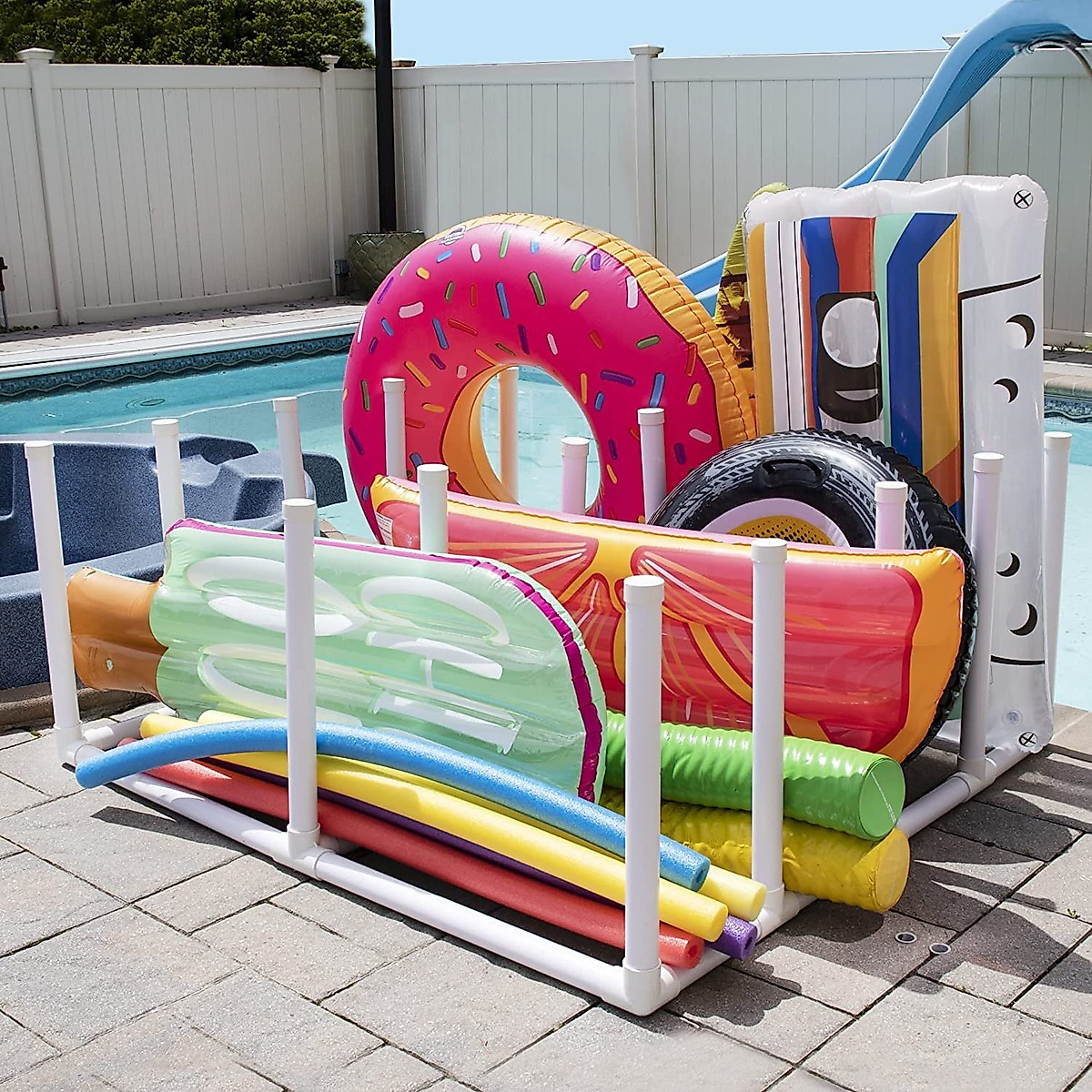 Essentially Yours Float and Raft Rack 12 Bar - Poolside Storage Organizer for Floats, Paddles, Noodles, Surfboards, Towels, (61" W x 44" L x 26.5" H), Brown Style 664413 (White)