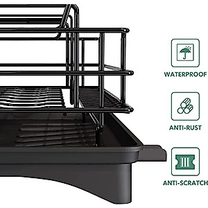 MAJALiS Dish Drying Rack Drainboard Set, 2 Tier Stainless Steel Large Dish Racks with Drainage, Wine Glass Holder, Utensil Holder and Extra Drying Mat, Dish Drainers for Kitchen Counter (Black)