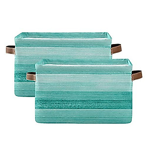 Large Foldable Storage Basket, Teal Turquoise Green Wood Fabric Storage Bin Organizer Bag with Handles 15 x 11 x 9.5 inch