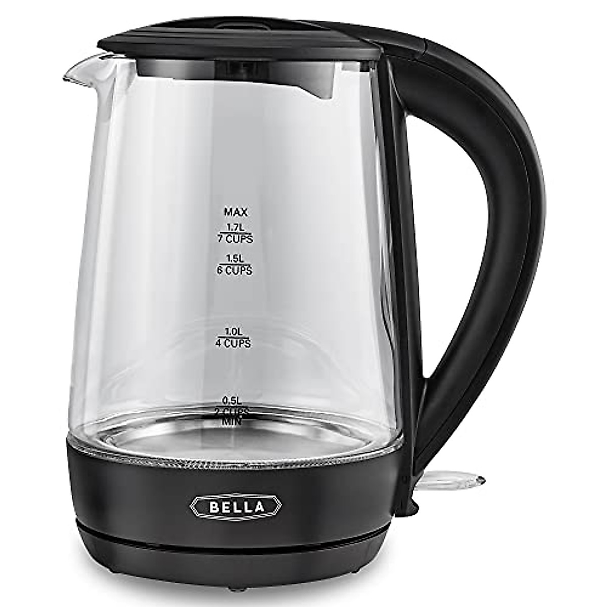 BELLA 1.7 Liter Glass Electric Kettle, Quickly Boil 7 Cups of Water in 6-7 Minutes, Soft Blue LED Lights Illuminate While Boiling, Cordless Portable Heater, Carefree Auto Shut-Off, Black