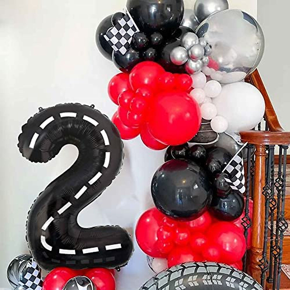 Race Car Balloons Number 2;40 Inch Big Mylar Foil Racing Number 2 Balloons Black 2nd Birthday Balloons for Boys Car Themed Truck Wheel Party Decorations Supplies