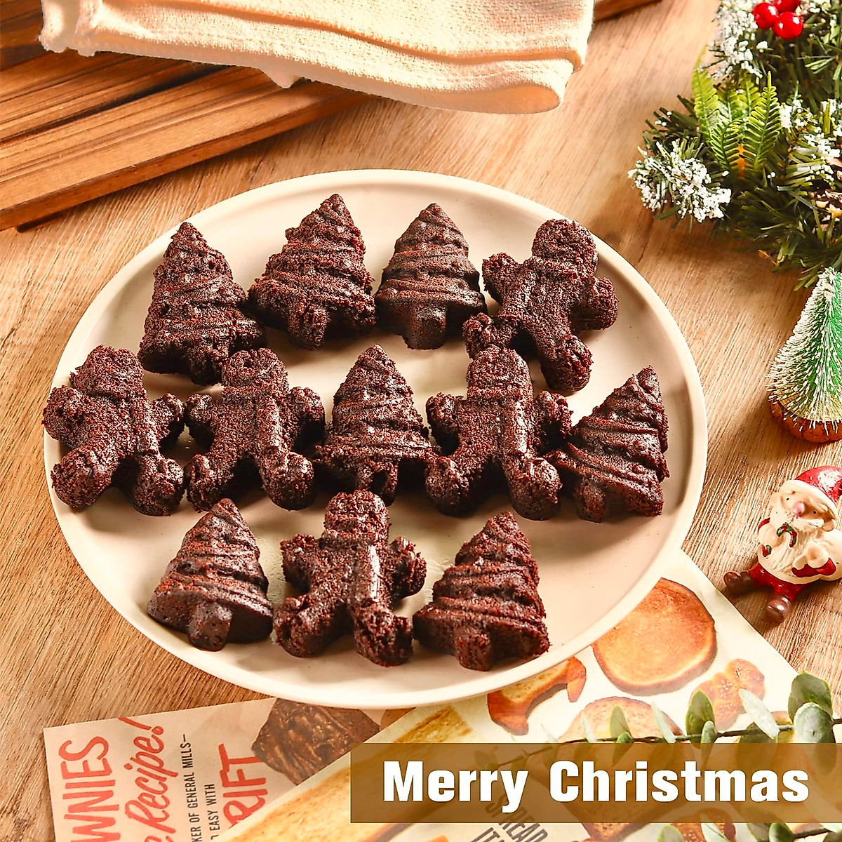 Wehome Gingerbread Cake Pan Cakelet Pan，Non-stick Cast Aluminum Muffin Pan，12-Cavity Snowman and Christmas Tree Gingerbread Baking Pan，Heavy-gauge Bakeware Pan