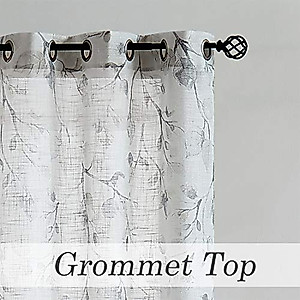 Central Park Leaf Floral Print Metallic Sheer Linen Window Curtain Panel for Rustic Living Room/Bedroom Sparkling Decorative 6 Grommets Top Drape Farmhouse Curtains,Gray Tan,40" x 95"x2, 2 PK