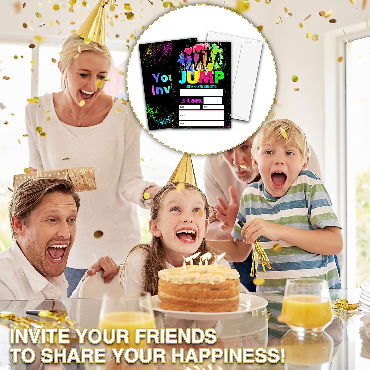 Jump Birthday Party Invitations, Trampoline Park Birthday Invitation, Double-Sided Splatter Paint Fill In Invites, Kids Bounce House Birthday Party Decorations, 20 Cards With 20 Envelopes(C13)