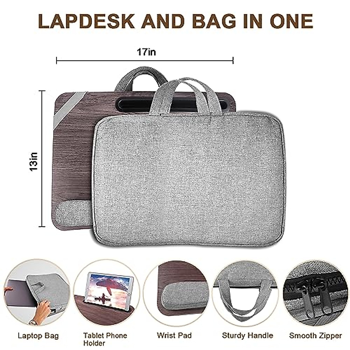 Lap Desk Laptop Bed Table: Home Office Portable Computer Lapdesk with Soft Pillow Cushion and Storage Bag - Wood Wide Writing Padded Tray for Work and Gaming on Couch - Fits up to 15.6 Inch Laptop