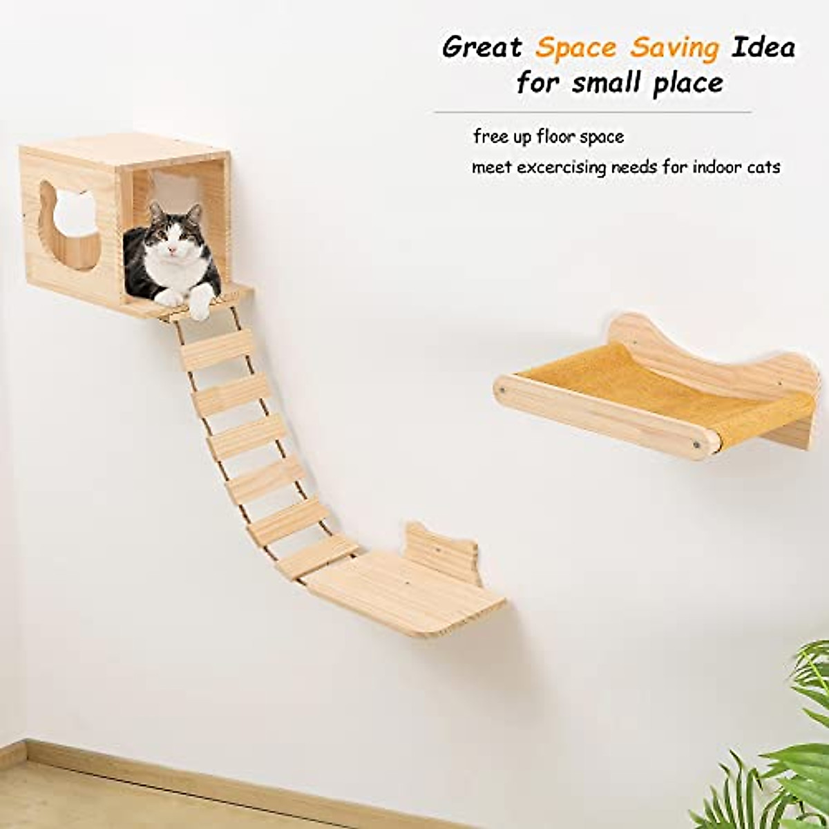 Cat Shelves and Perches Wall Mounted Indoor Cats Furniture Solid Wood Cat Wall House Set for Activity Climbers 5pcs/Set