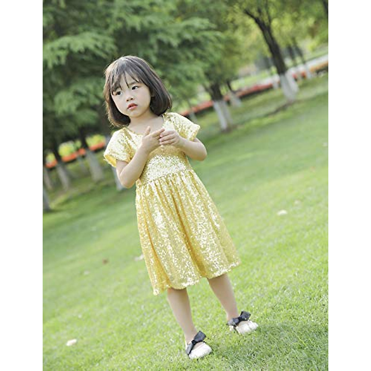 Cilucu Flower Girl Dress Baby Toddlers Sequin Dress Kids Party Dress Bridesmaid Wedding Gown Birthday Dress Gold 2T-3T