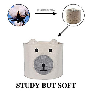 InfiBay Cotton Rope Storage Basket with Cute Bear Design, Woven Laundry Basket with Handles, Baby Nursery Organizer for Toys, Blanket, Clothes, Towels, 12”(D) x 11”(H)