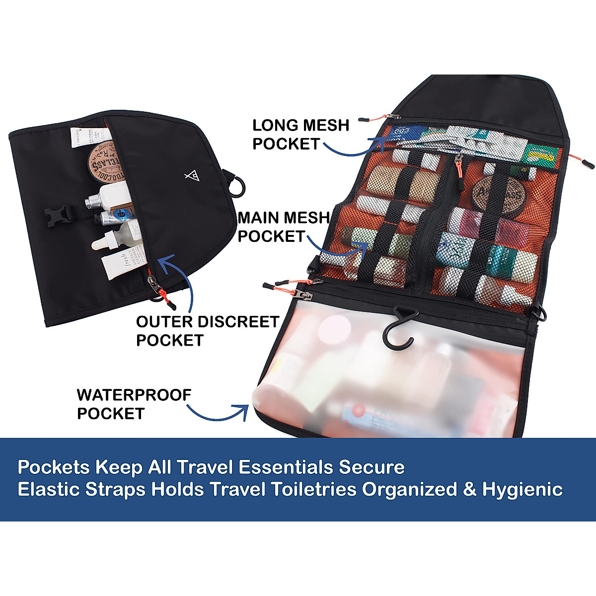 Compact Travel Toiletry Bag, Hanging Toiletry Bag for Men, Roll Up Dopp Kit Bathroom Shaving Shower Medicine Hygiene Bag for Traveling, Waterproof Lightweight Organizer for Gym Camping Grooming, Black