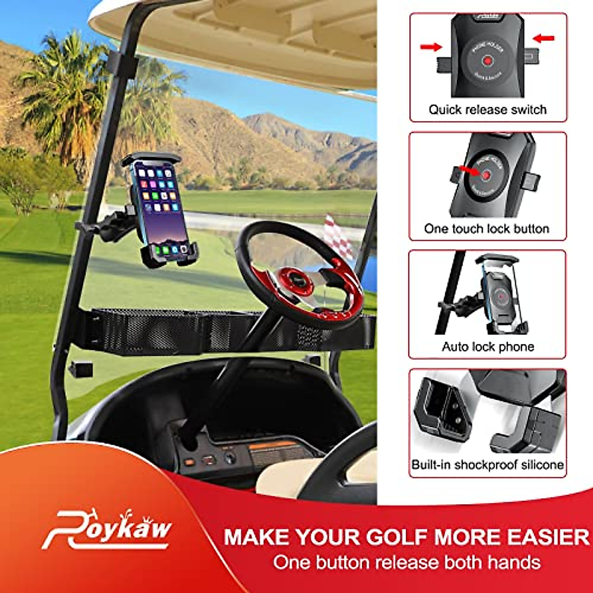 Roykaw Golf Cart Phone Mount Holder for EZGO/Club Car/Yamaha/ICON/Advanced EV Models, Upgrade Quick Release & One-Touch Lock, Compatible with iPhone/Galaxy/Google Pixel/Motorola/All 4.7"-6.8" Devices
