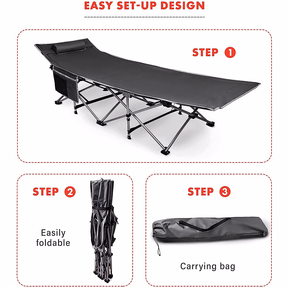 VaygWay Outdoor Folding Camping Travel Cot - Grey Lightweight Comfortable Portable Heavy Duty Foldable Cot – Sleeping Travel Bed w/Pocket - Adults and Kids Travel Cot –Outdoor Hiking, (Grey 1 Pack)