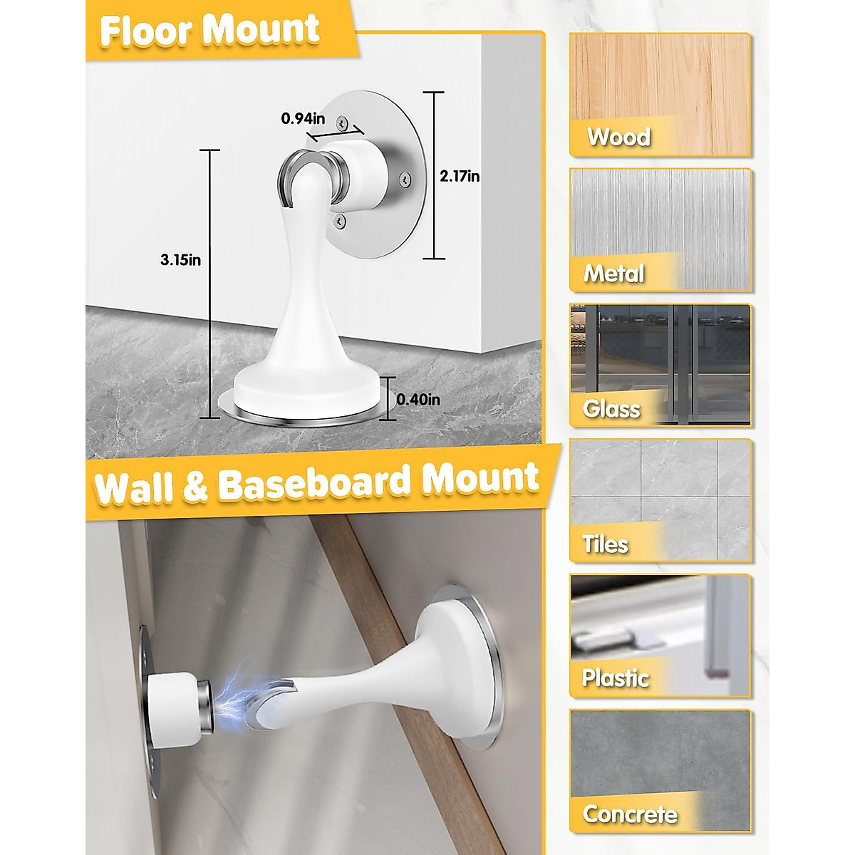 Door Stopper, 2 Pack Magnetic Door Stop White, Stainless Steel Door Catch, 3M Double-Sided Self Adhesive Tape, Door Holder Doorstop, No Drilling, Keep Your Door Open