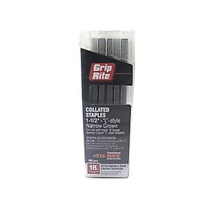 Grip Rite Prime Guard MAXB64912 1-1/2-inch 316 Stainless Steel 18 Gauge “L”-style Narrow Crown Staple, 500 per Belt Clip