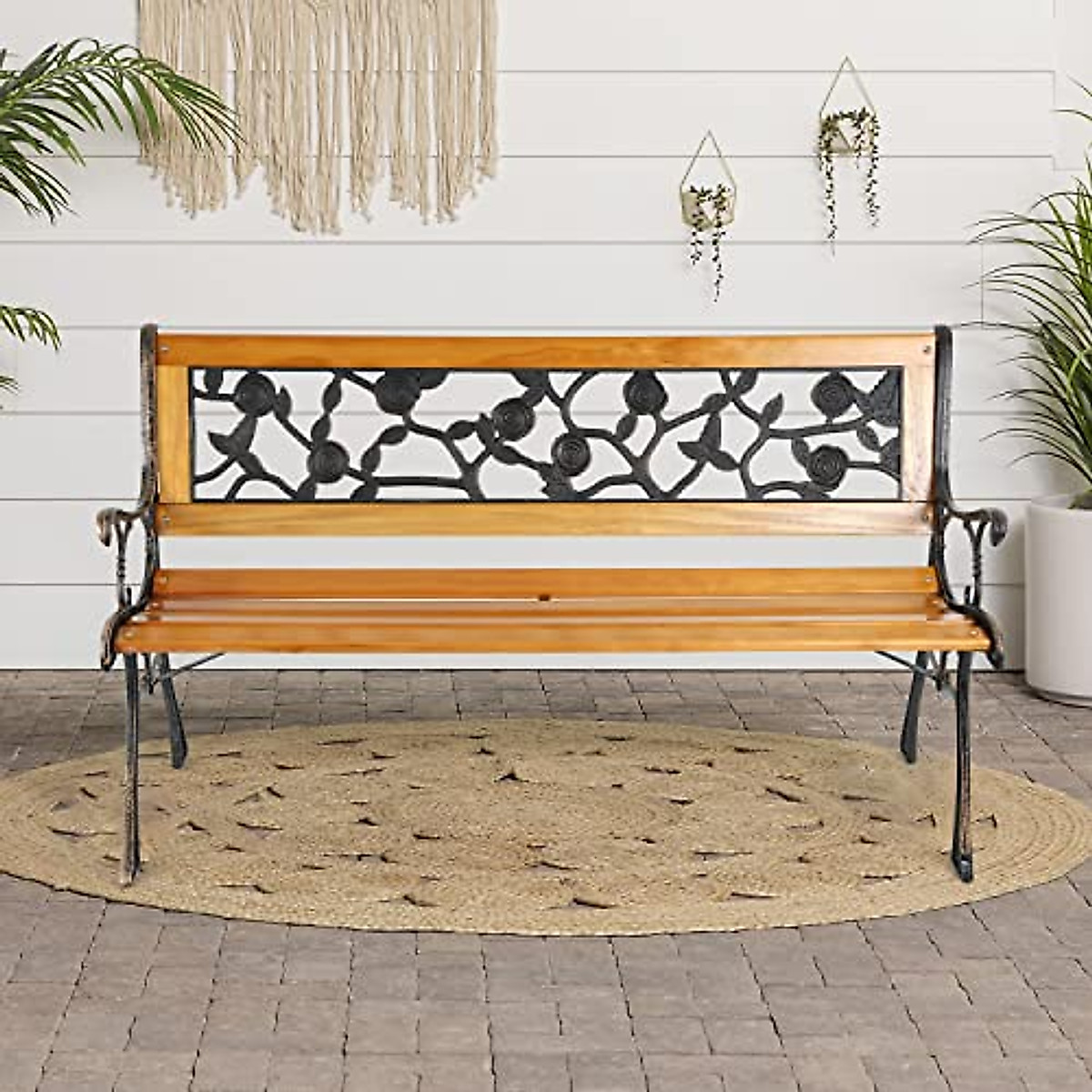 Metal Outdoor Bench Patio Bench Cast Iron Steel Frame Garden Bench Patio Furniture Chair Outdoor Bench w/Floral Design Backrest, Wood Slatted Seat for Park, Yard & Porch, Bronze