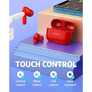 AIHOOR Wireless Earbuds for Music and Sports, Bluetooth 5.3 in-Ear Headphones with Extra Bass Built-in Mic Touch Control 30hr Battery Earphones, Waterproof (Red)