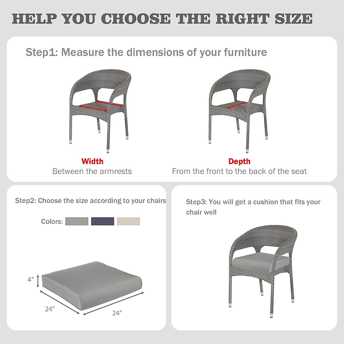 BPS Outdoor Chair Cushions Water Resistant Outdoor Deep Seat Cushions with Handle and Adjustable Straps, 24"x24", Gray, Set of 2