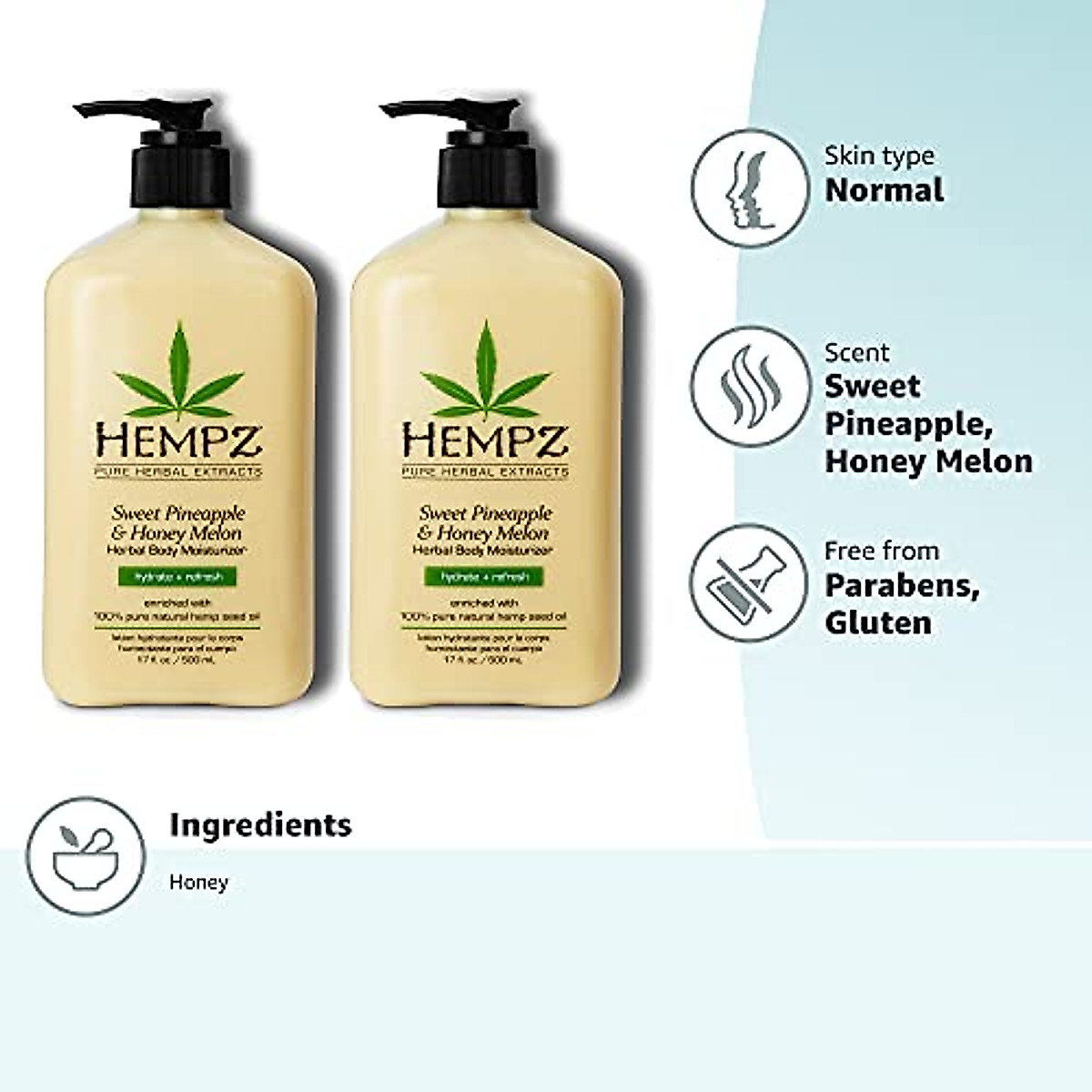 Hempz Sweet Pineapple & Honey Melon Moisturizing Skin Lotion, Natural Hemp Seed Herbal Body Moisturizer with Jojoba, Natural Extracts, Vitamin A and E, 17 oz, 2 Pack Bundle