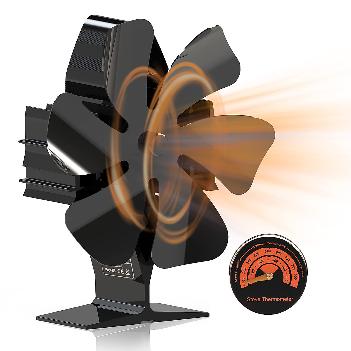 GQLife-ing Heat Powered Stove Fan, 6 Blades Wood Fan with Magnetic Thermometer, Non Electric Fireplace Silent Motor for Wood/Log Stoves/Fireplace, Efficiently Circulate Warm Air Saving Fuel Black