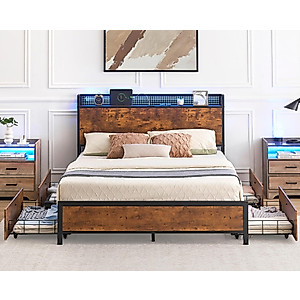 IDEALHOUSE Full Size Bed Frame with Storage Drawers and Charging Station, LED Light Full Bed Frame with Storage Headboard, Metal Platform Bed with Strong Wood Slats Support, No Box Spring Needed