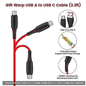 VELOGK 65W Warp Car Charger [10V/6.5A] for OnePlus 8T/9R/9/9 Pro/8 Pro/8/7 Pro/7T/7T Pro/6T/5T/Nord N10 5G, Warp Charge 65 Car Charger Adapter with USB A-to-C Warp Charging Cable (1M/3.3ft)