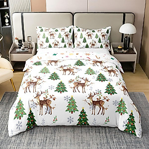 Erosebridal Christmas 100% Cotton Duvet Cover Queen,Cartoon Xmas Deer Bedding for Kids Boys Girls,Snowflake Bells Elk Antlers Comforter Cover Bedroom Decor,Jungle Animal Bed Sets with 2 Pillowcases