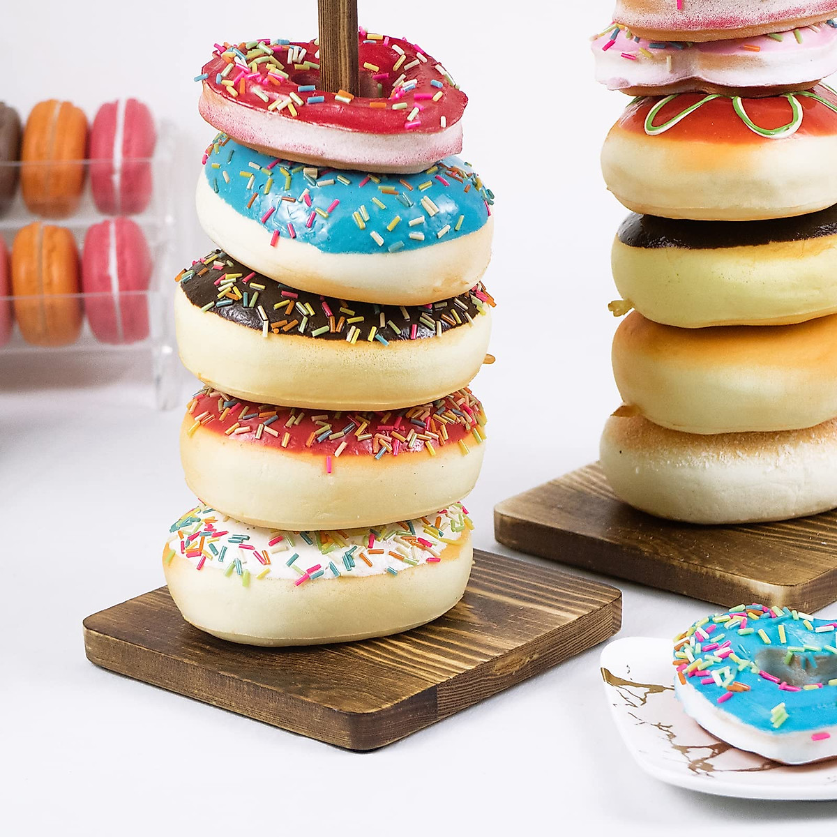 KVMORZE Wooden Donut Stand 2 Pcs, Farmhouse Donut Tower Stand, Bagel Holder Stand, Removable Donut Display Stand for Dessert Table, Doughnut Holder for Wedding Baby Shower Birthday Party (Wood)