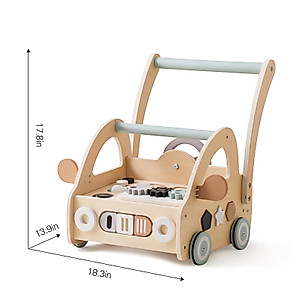 IEATFO Baby Push Walker, Wooden Baby Walker Push Toy for Baby Boy and Girls with Car Shape, Stand Up Push Walker for Baby Learning to Walk, Toddler Multiple Activities Center for Christmas Gifts
