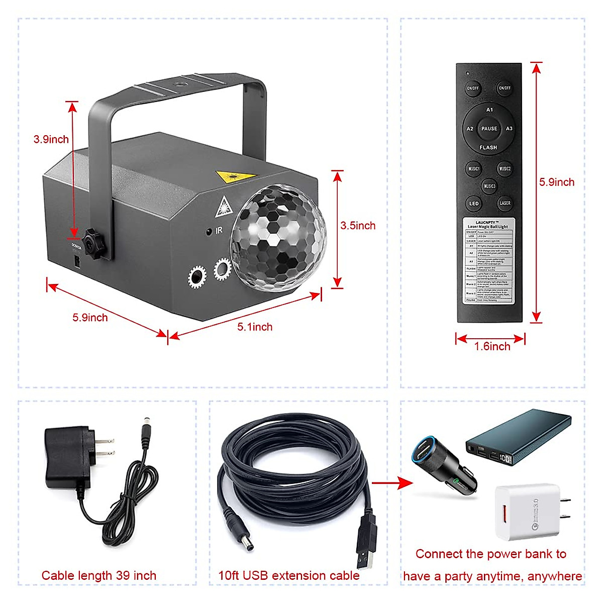 Dj Party Disco Ball Lights with Pattern and Sound Activated, 10 ft USB Cable, Laucnpty LED Stage Strobe Light That Sync with Music, Christmas Rave/Home Karaoke/Dance/Club Bar Lights for Parties