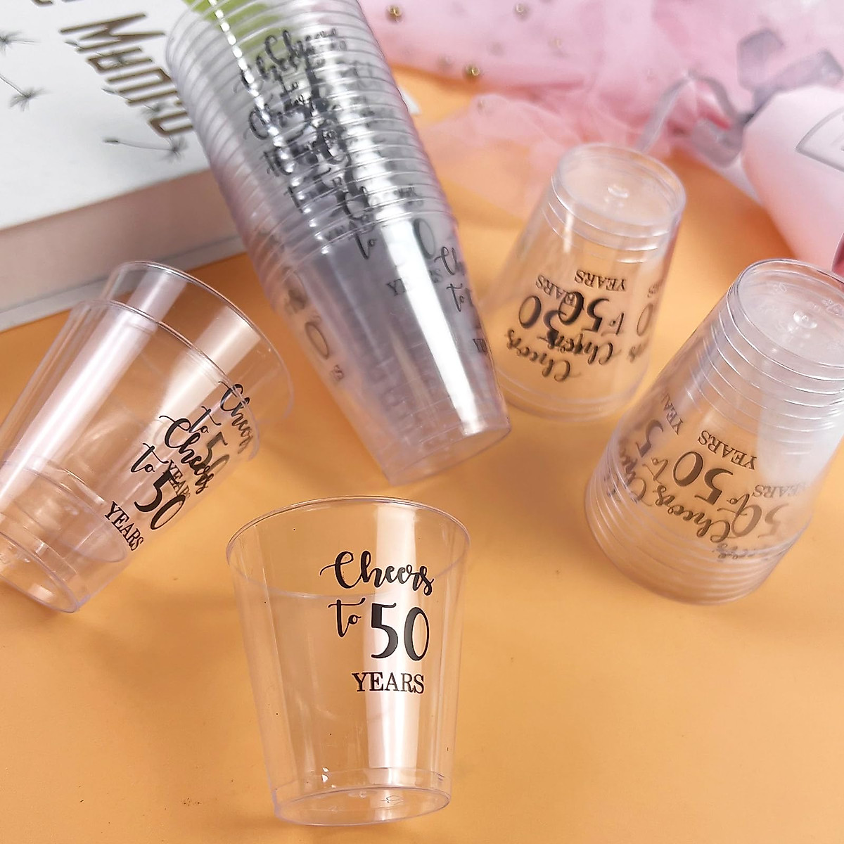100 Pack Cheers to 50 Years Shot Glasses 2 oz Hard Plastic Disposable Cups, 50th Party Favors Small Clear Tasting Cups for Wine Whiskey for Women Men Wedding Anniversary