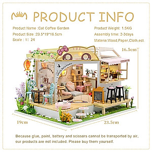 CUTEBEE Dollhouse Miniature with Furniture, DIY Wooden Dollhouse Kit Plus Dust Proof, Creative Room Idea(Cat Coffee Garden)