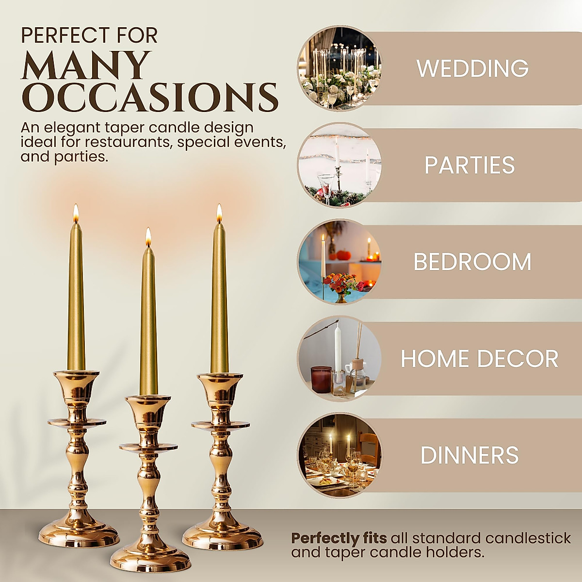 Axiom 10 Count Gold Taper Candles - 10 Inch Dripless - Unscented Smokeless Tall Candle Sticks - 9 Hour Burn Time - Tapered Candles for Home, Centerpieces, Dinners, Weddings, Parties, Celebration