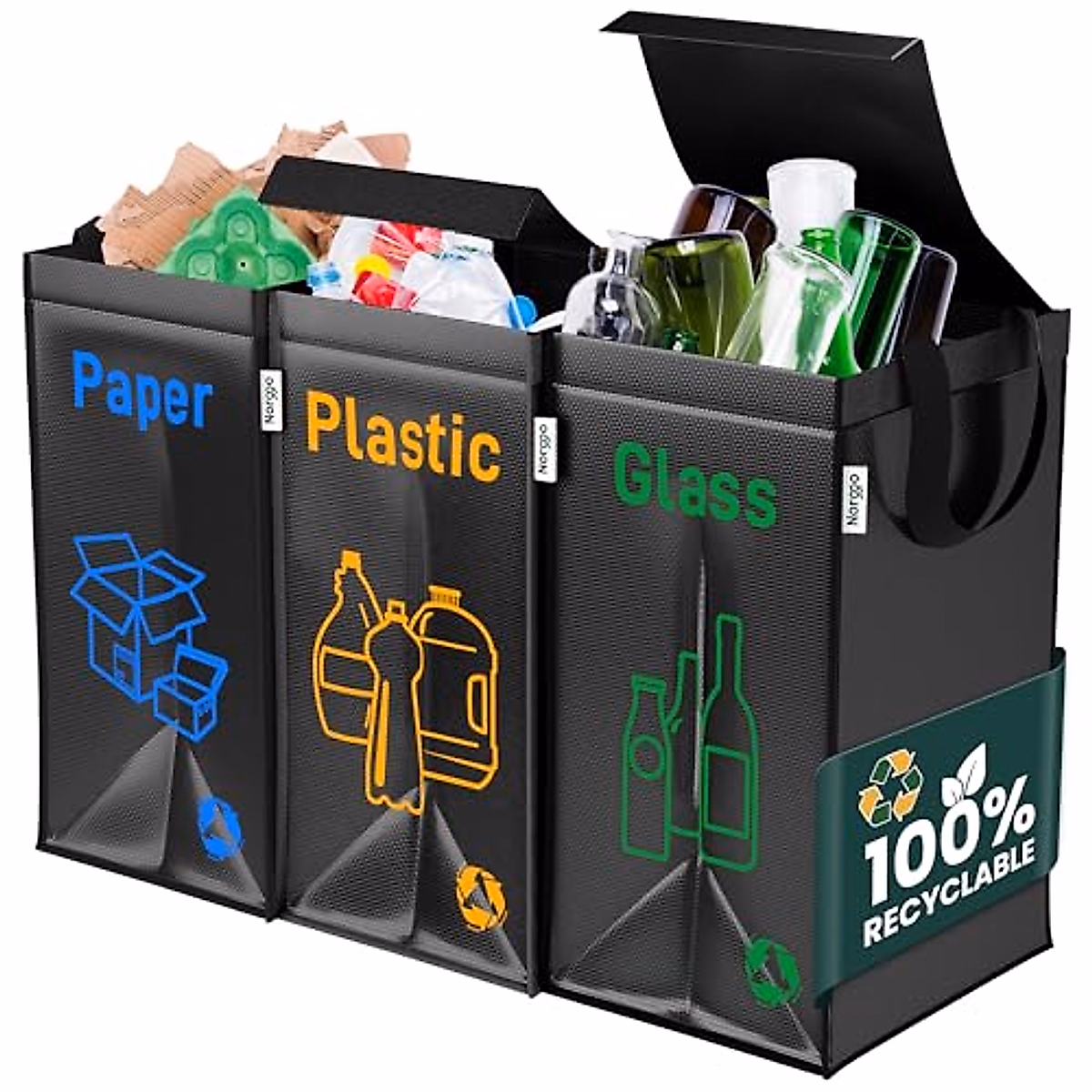 Norggo Pack of 3 Recycling Bags, 40L - Recycle Bins for Kitchen, Durable Recycling Bin for Kitchen, Ideal for Paper, Plastic, and Glass, Versatile Kitchen Recycling Bin for Home and Office