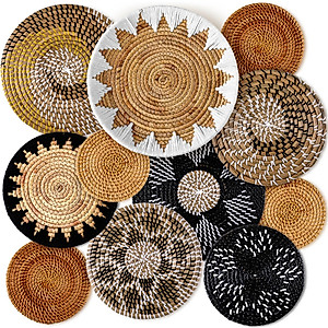 Xuhal 11 Pcs Boho Hanging Wall Basket Decor Handmade Woven Basket Wall Decorative Boho Wicker Baskets Placemats Round Farmhouse Wall Bulrush Art for Rustic Home Decorations Christmas Gift(Stylish)