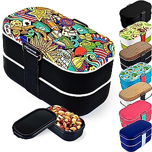 HÄMTMAT® [Upgraded Bento Lunch Box All-in-One: 2 Food Containers, Sauce Cup, Spoon+Fork+Chopsticks. 100% Leakproof Lids. Portable for Work, Lunch, Travel - American Comic Box Style
