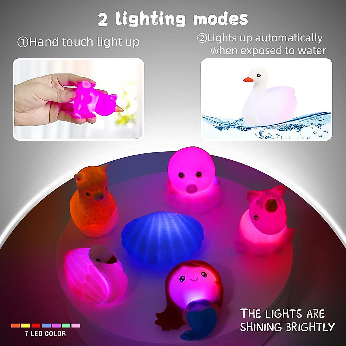 Bath Toys for Toddlers 1-3, No Hole Cute Light Up Bathtub Toys Floating Rubber Sea Animal Set with Flashing Colorful LED Light Unicorn Mermaid for Bathroom Shower Swimming Pool Party for Baby Girl Boy