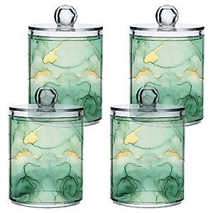 GOODOLD Green Alcohol Ink Qtip Holder 2 Pack - 10 Oz Clear Plastic Apothecary Jar Set for Bathroom Organization - Versatile Canister Storage for Cotton Balls, Swabs, Rounds