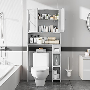 Meilocar Over The Toilet Storage Cabinet, Farmhouse Storage Cabinet Over Toilet with Toilet Paper Holder Stand, Freestanding Bathroom Storage Organizer Cabinet Space Saver W/Adjustable Shelf, White