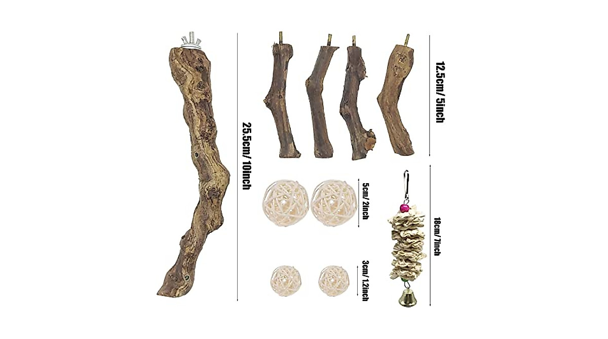Allazone Natural Bird Perch with Chewing Toys for Parrots & Small Birds
