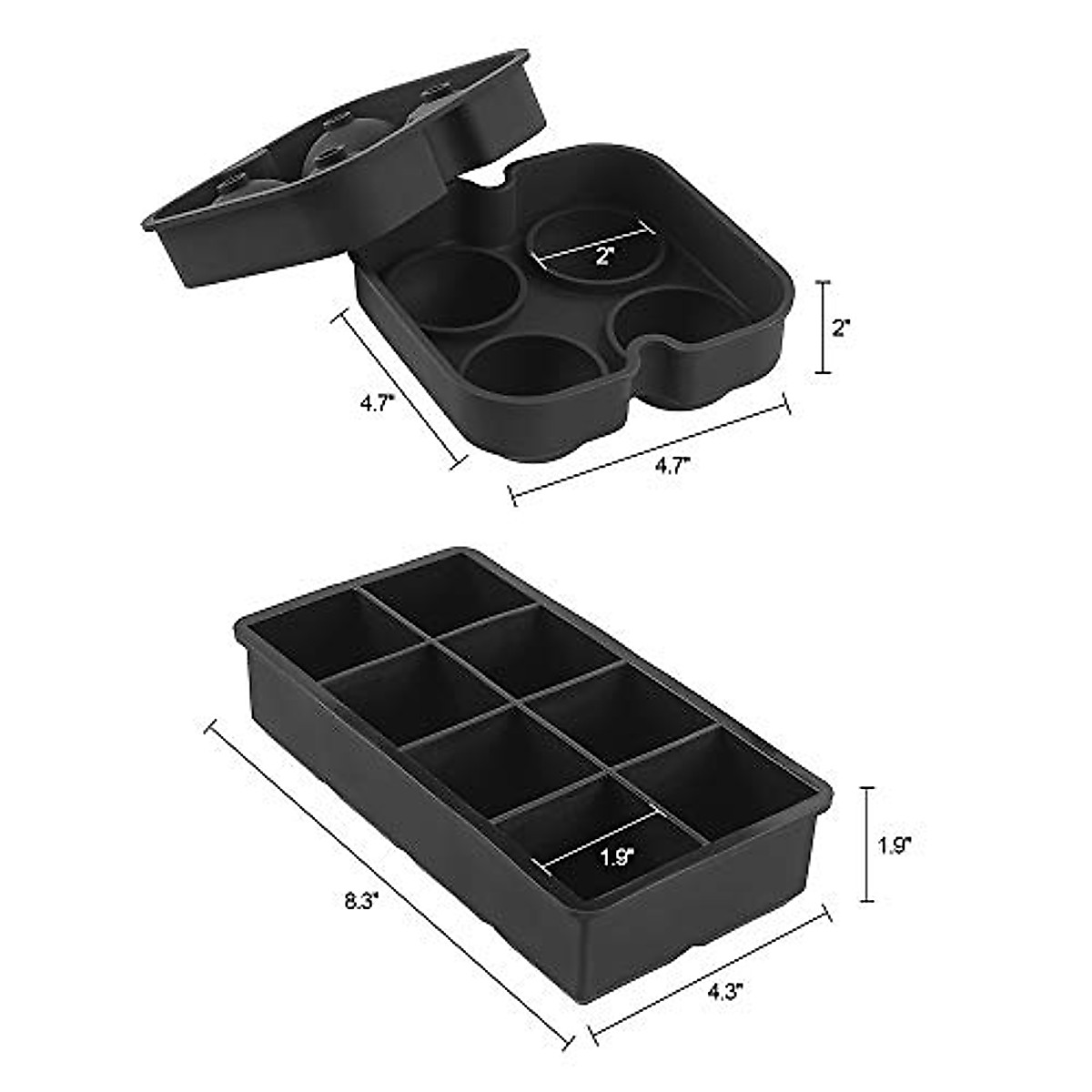 CHIYAN Ice Cube Trays Silicone Mold - Easy Release Ice Cube Molds Sphere Ice Ball Maker with Removable Lid and Large Square Ice Molds Reusable and BPA Free for Whiskey and Cocktails, Set of 3, Black
