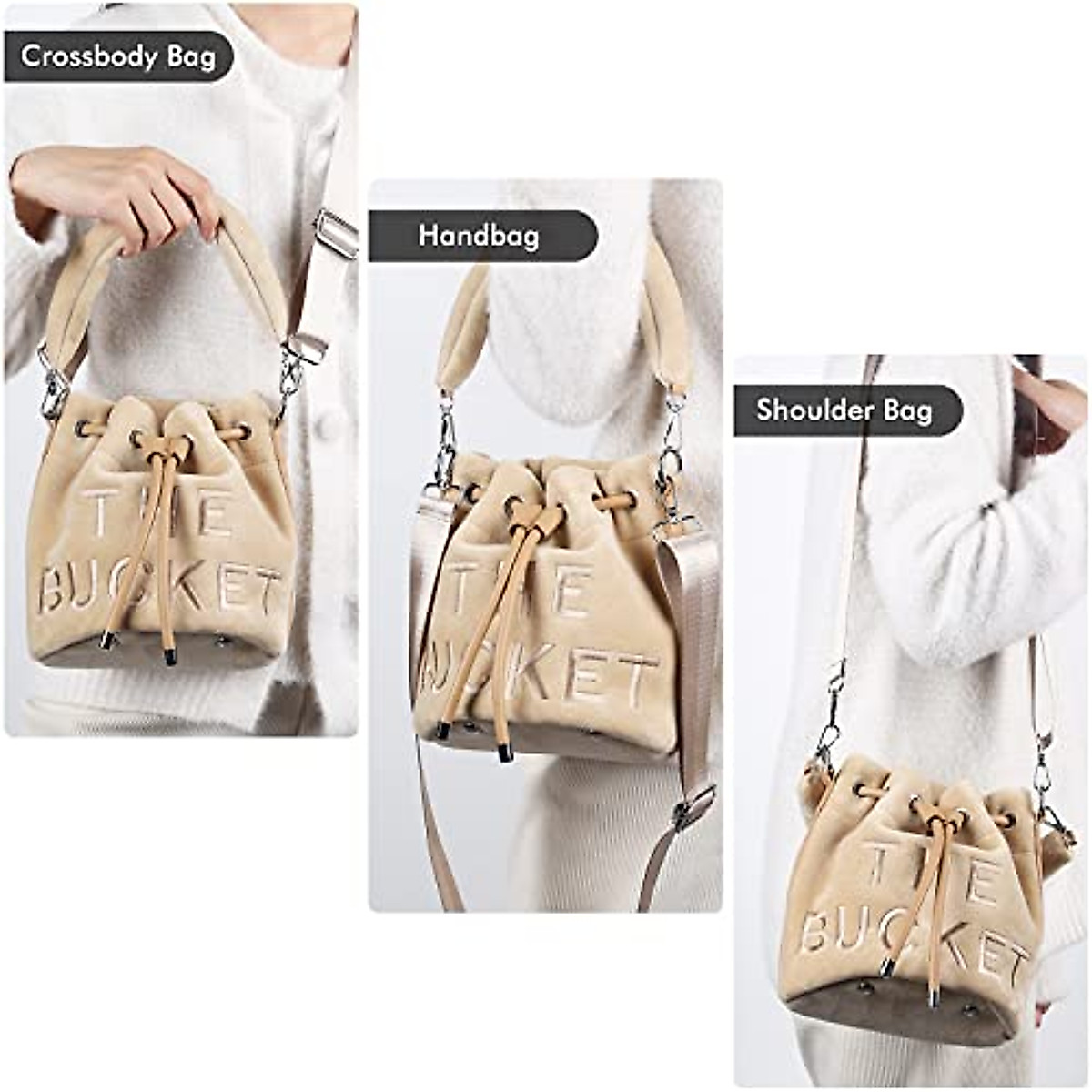JQAliMOVV Mini Bucket Bag for Women, Purses Soft Plush Crossbody Drawstring Handbags, Hobo Bag (Khaki)